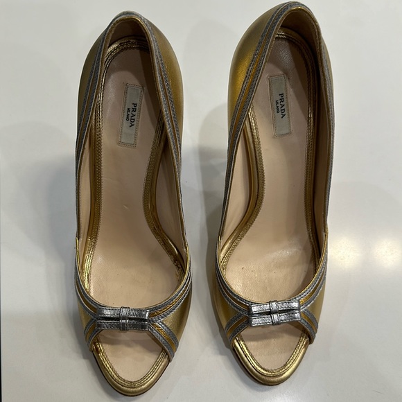 Prada | Shoes | Authentic Prada Gold Silver Jeweled Heels With Silver ...